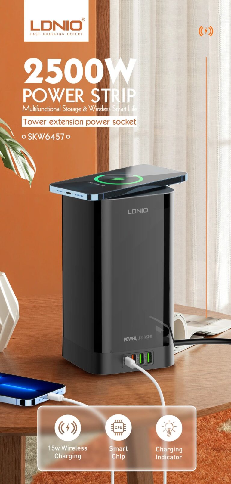 LDNIO SKW6457 Wireless charging Tower Extension Power Socket UK plug ...